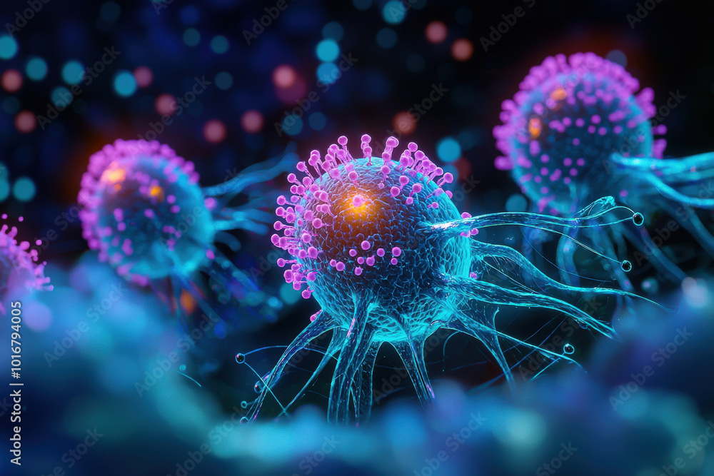 Detailed view of T cells interacting with pathogens, showcasing vibrant ...