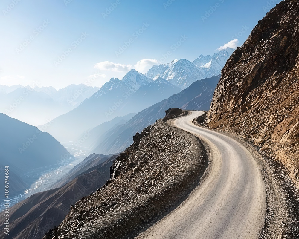 Karakoram Highway winding through a series of steep switchbacks, with ...