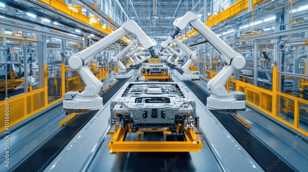 Advanced factory with robotic hands car vehicle assembly process ...