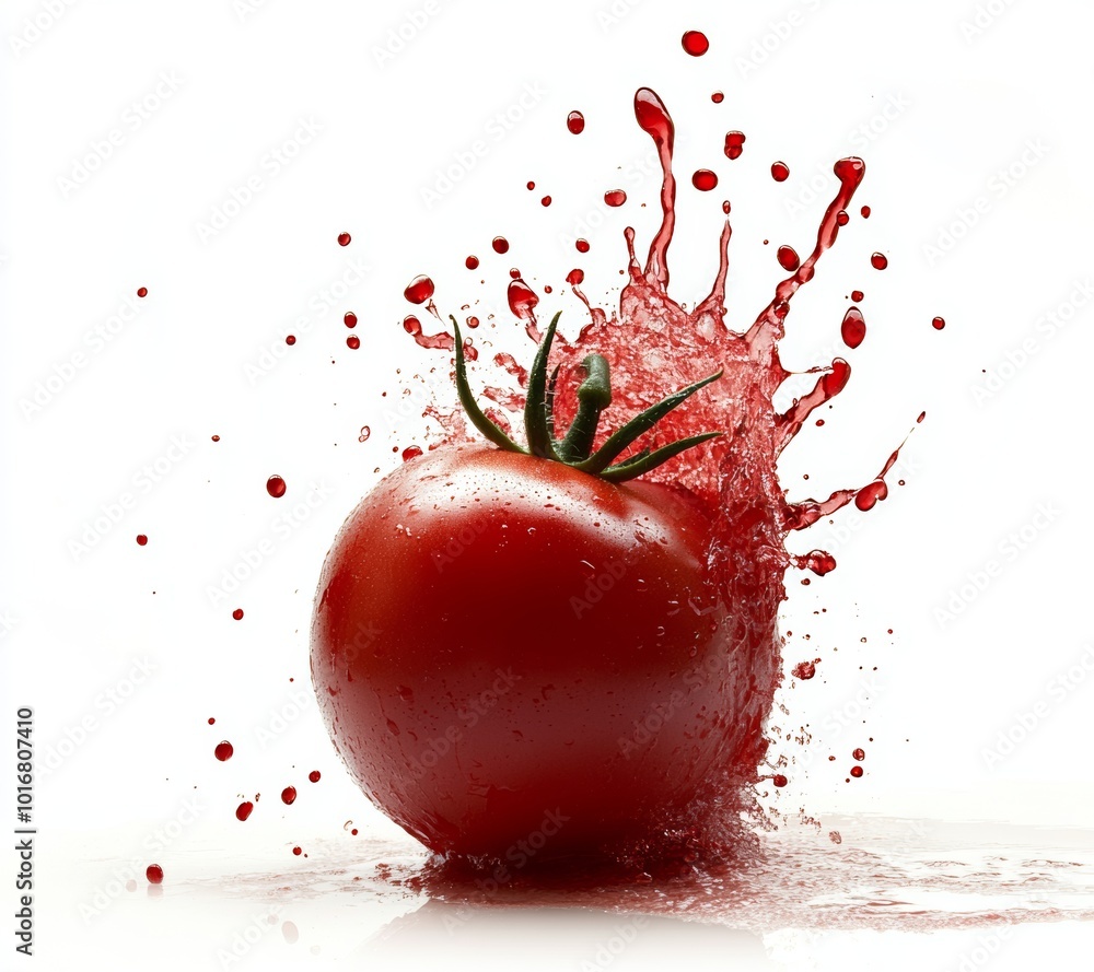 On a transparent background, a fresh tomato with a splash of tomato ...
