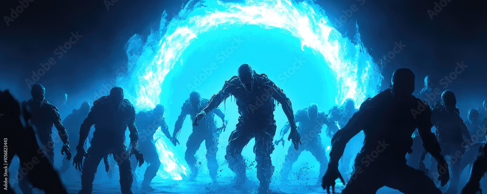 Biomechanical zombies emerging from a glowing blue portal, a surreal ...