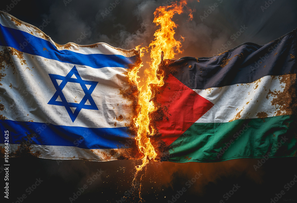 The flags of Israel and Palestine both on fire, symboling the war ...