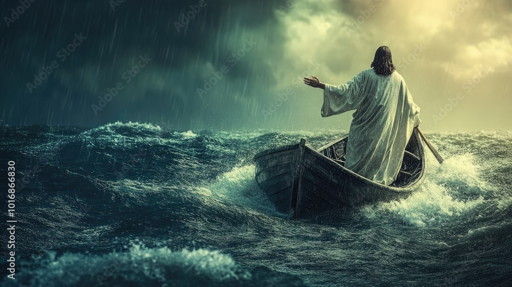 A peaceful image of Jesus Christ on a boat, calming the storm with his ...