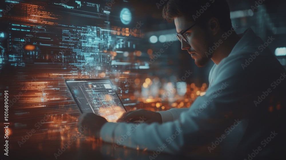 Double exposure Data scientists. Man programmer using laptop analyzing and development at ...