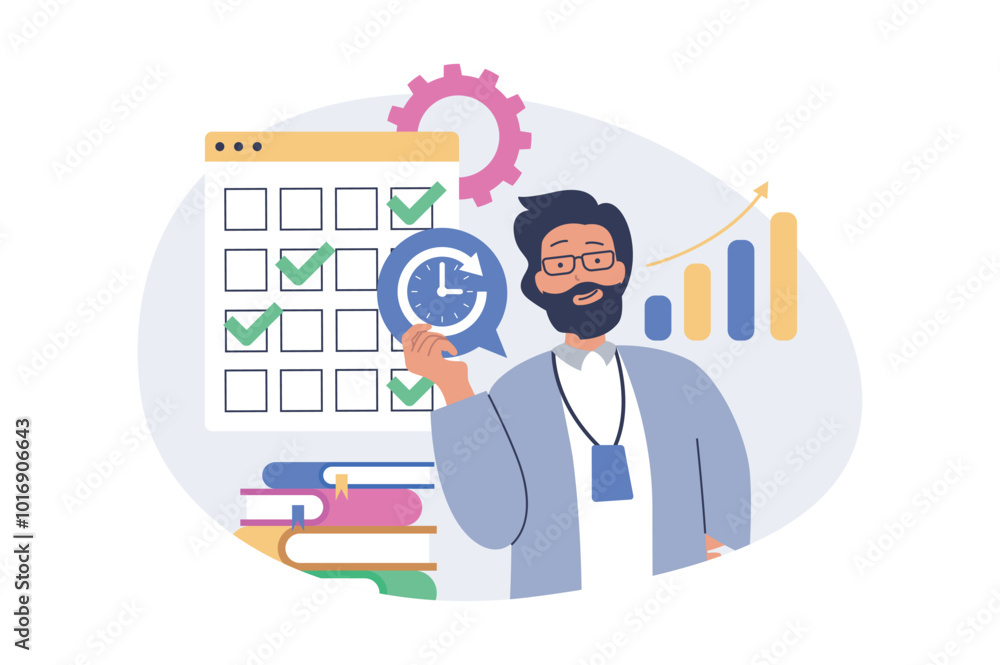 Time management concept in modern flat design for web. Man planning job ...