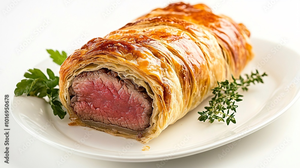 Classic French bouef en croute, beef wrapped in pastry, isolated on a ...