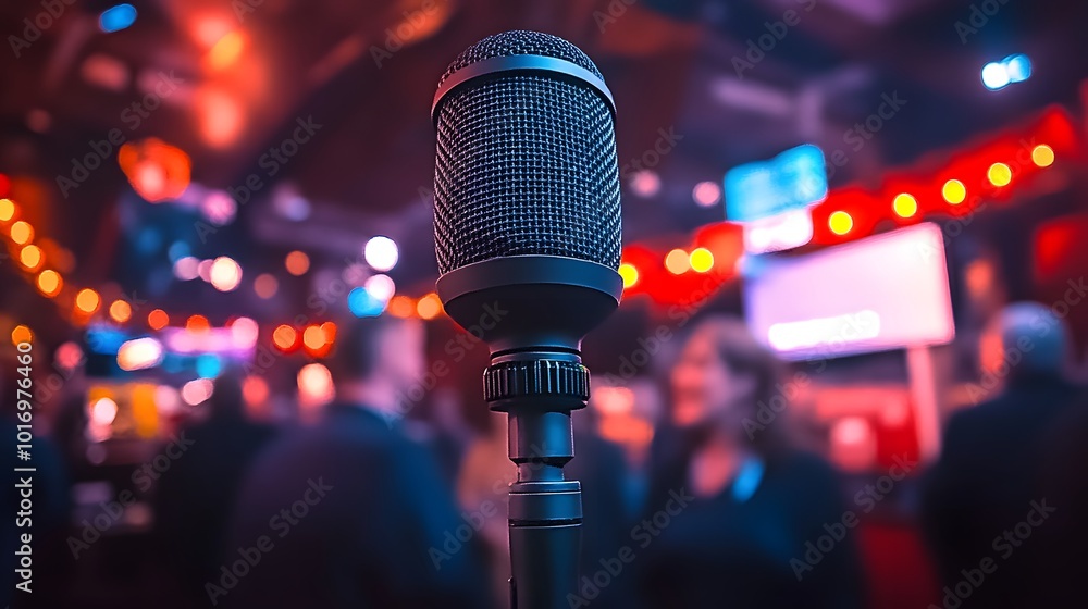 old microphone on the stage, with a blurred background featuring lights ...