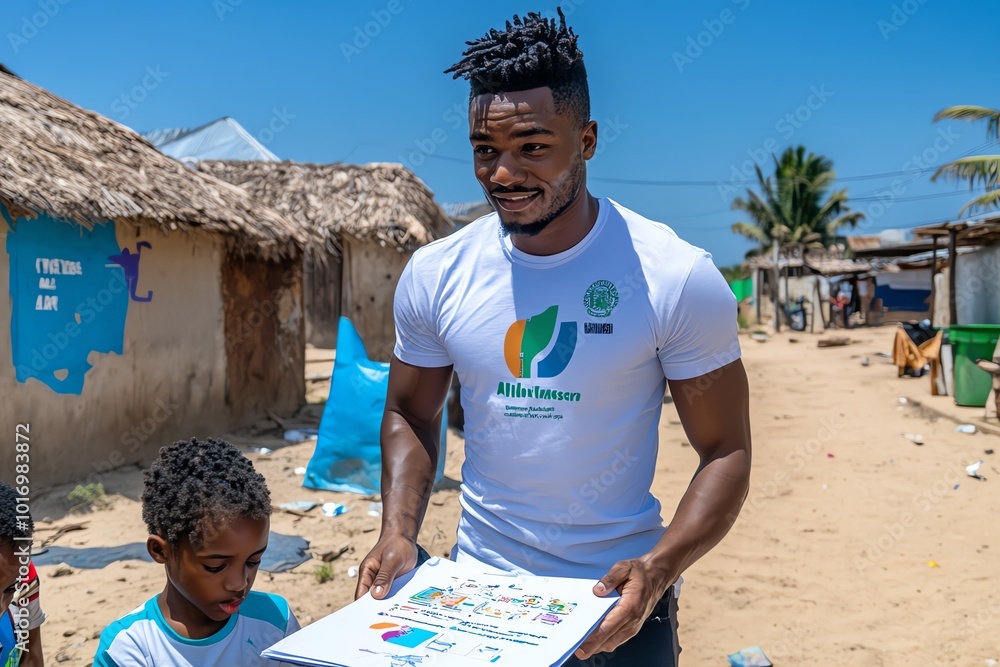 Realistic depiction of a volunteer teaching children in an ...