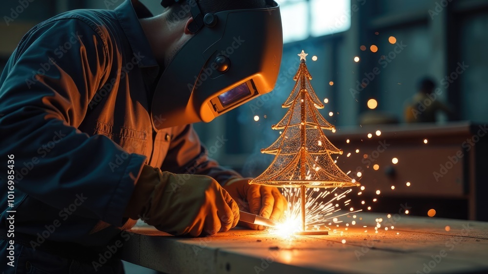 Metal artist, welder creates holiday tree using welding work Stock ...