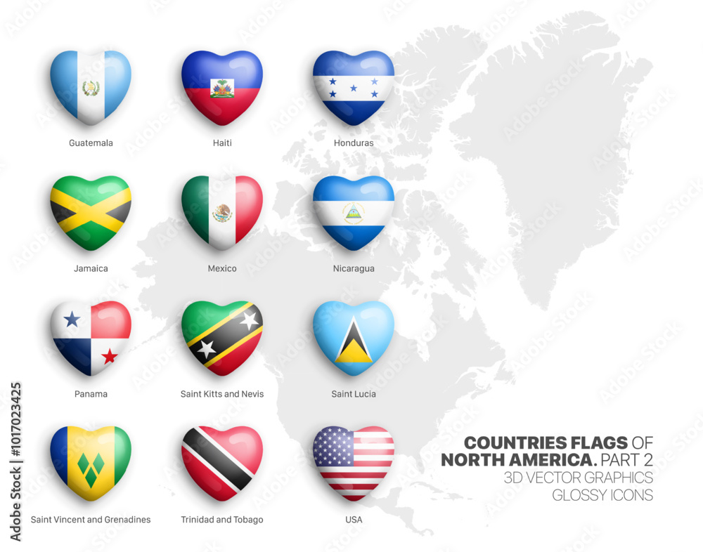 Vector de Stock North America Countries Flags 3D Heart Vector Glossy ...