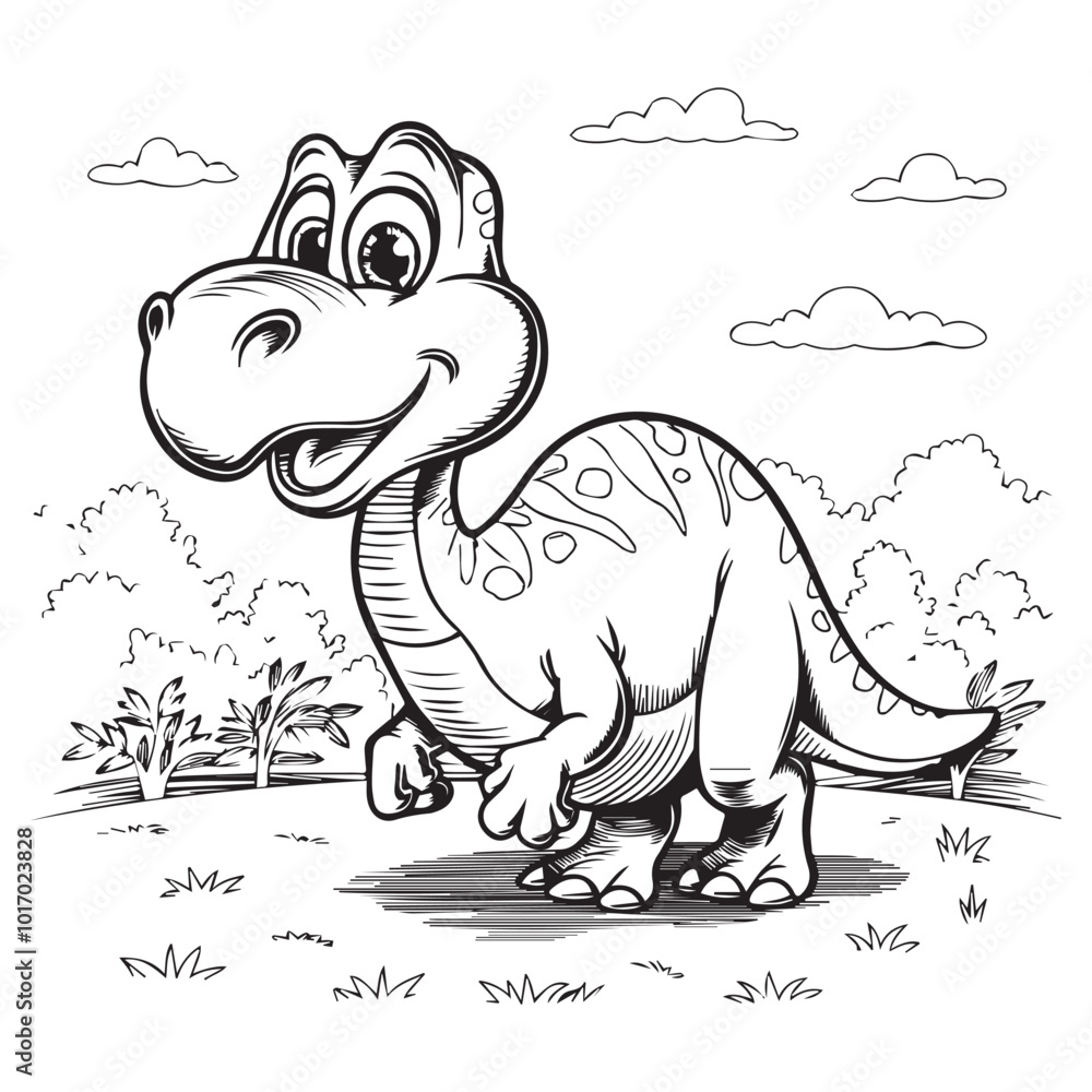 Black and white illustration of a cute cartoon dinosaur on a dinosaur ...
