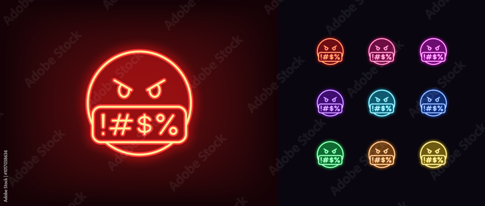 Outline neon swearing emoji icon set. Glowing neon angry emoji with ...
