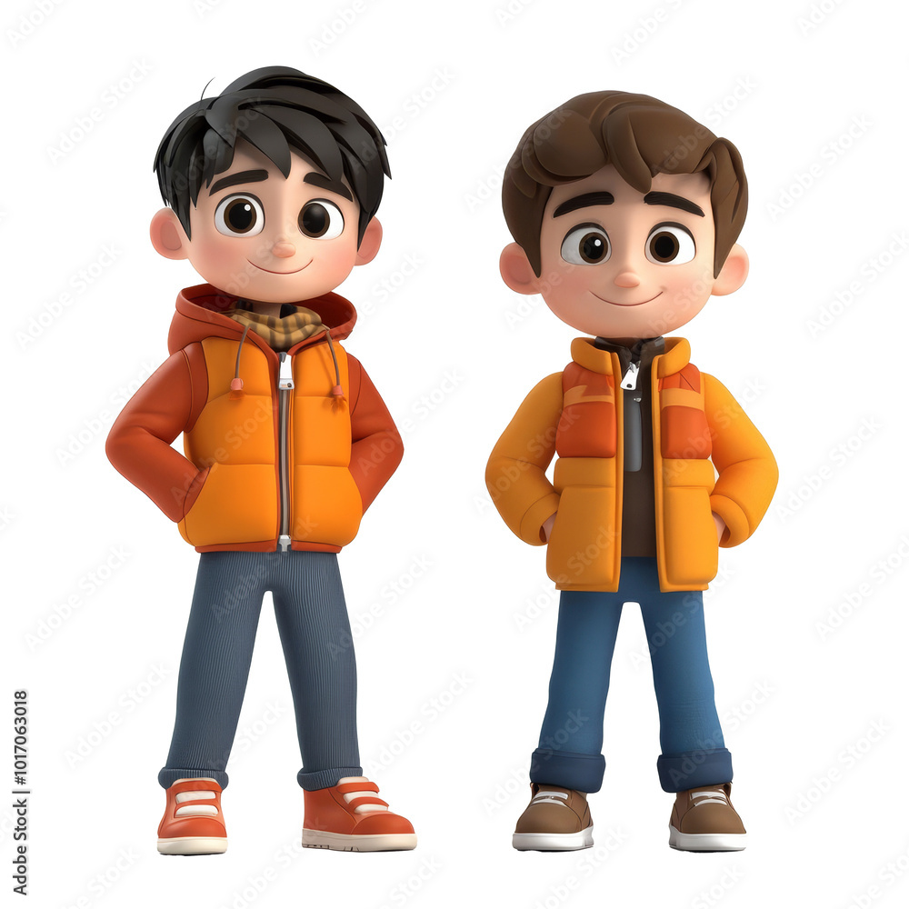 Cartoon boys in colorful jackets standing on a Png background with ...