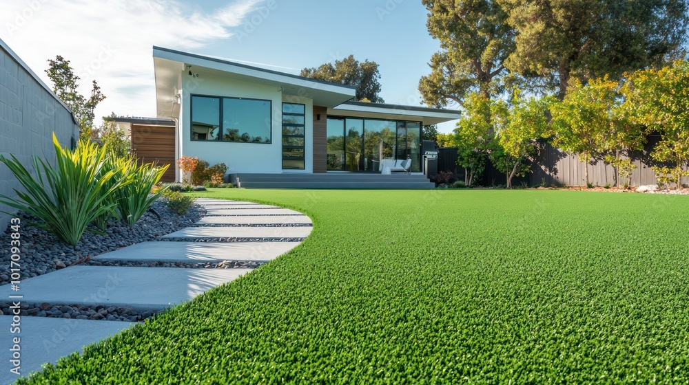 Soft mint green synthetic turf fronting a modern home with a minimalist ...