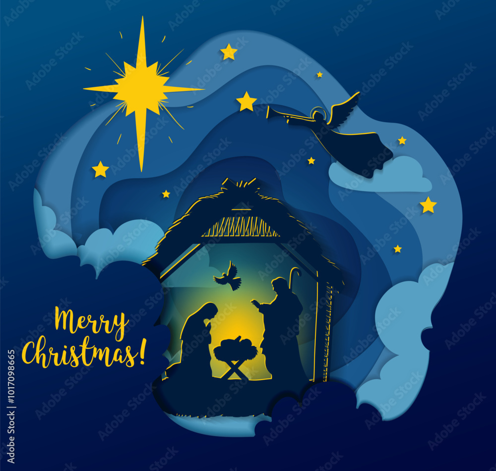 Holy Family Birth of Christ 3d paper cut. Baby Jesus in the manger ...