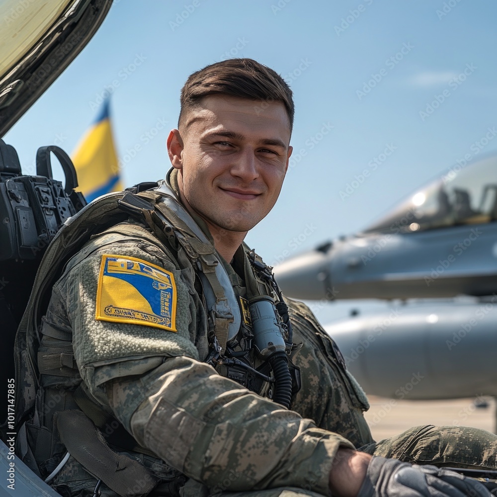 A confident military pilot sits in the cockpit of an aircraft with a ...