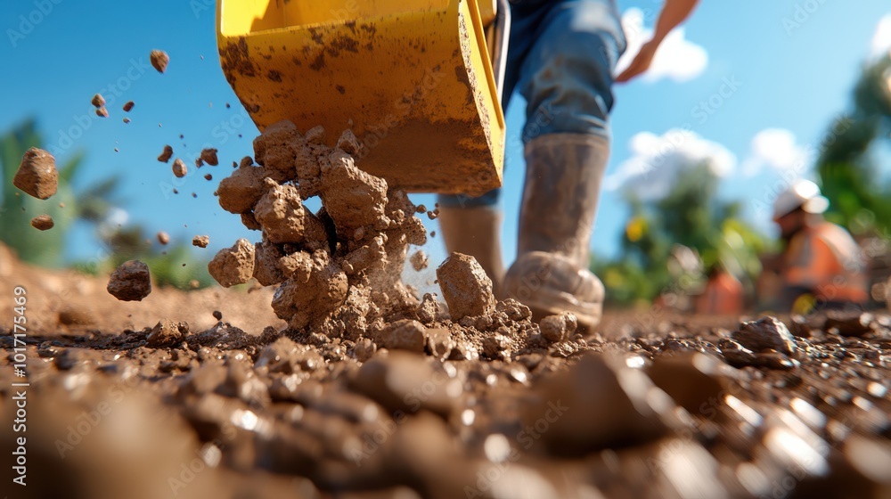The image displays an excavator releasing a load of soil onto a ...