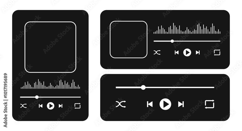 Music player interface with album cover frame, buttons, progress loading bar and sound wave ...
