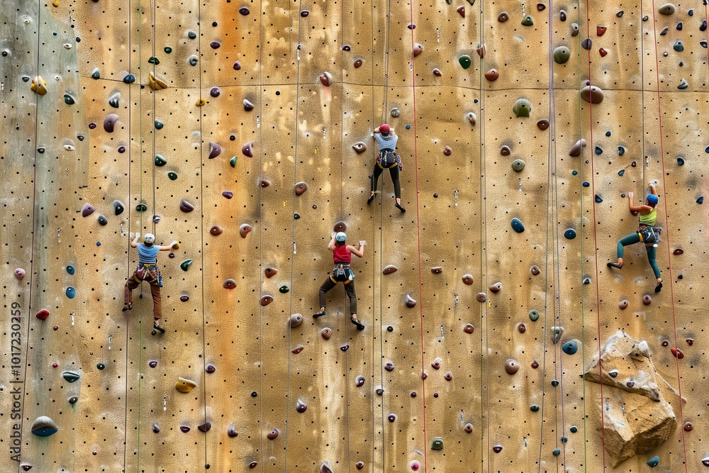 Four climbers engage in a competitive ascent on a colorful indoor ...