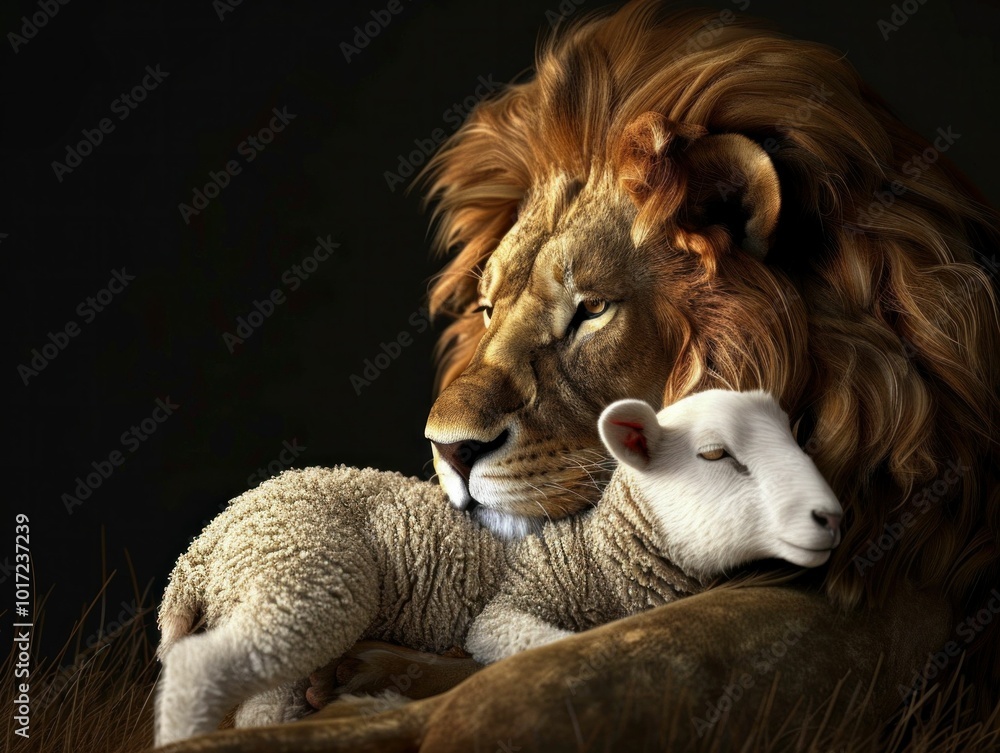 Lion and sheep imagery, symbolizing peace and harmony between predator ...