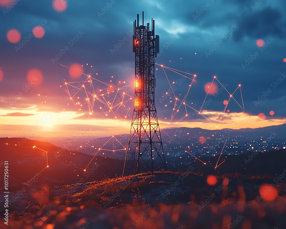 A hightech 5G base station receiver atop a telecom tower, with network ...