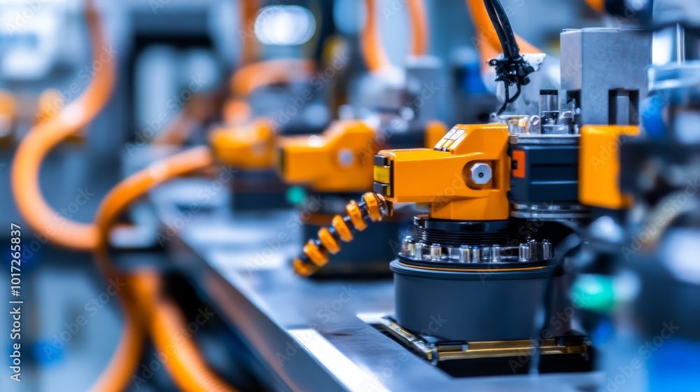 Detailed close-up of an assembly line dedicated to the mass production ...