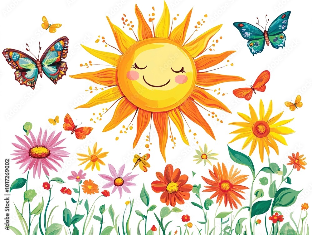Colorful clipart of a happy sun with butterflies and flowers. on white ...