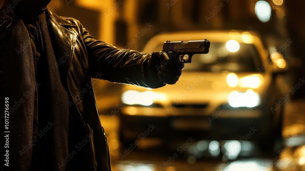Thief dressed in black pointing a gun at a car's driver, robbery action ...