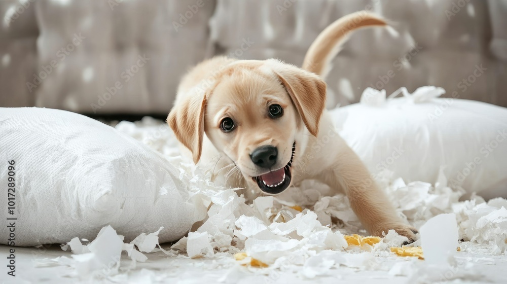 Playful puppy digging through a pile of shredded pillows and torn ...