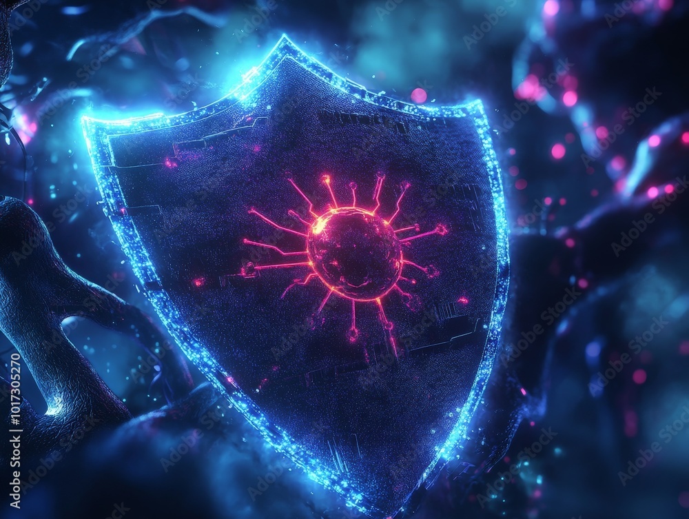 Virus protection illustrated as a glowing digital shield, deflecting ...