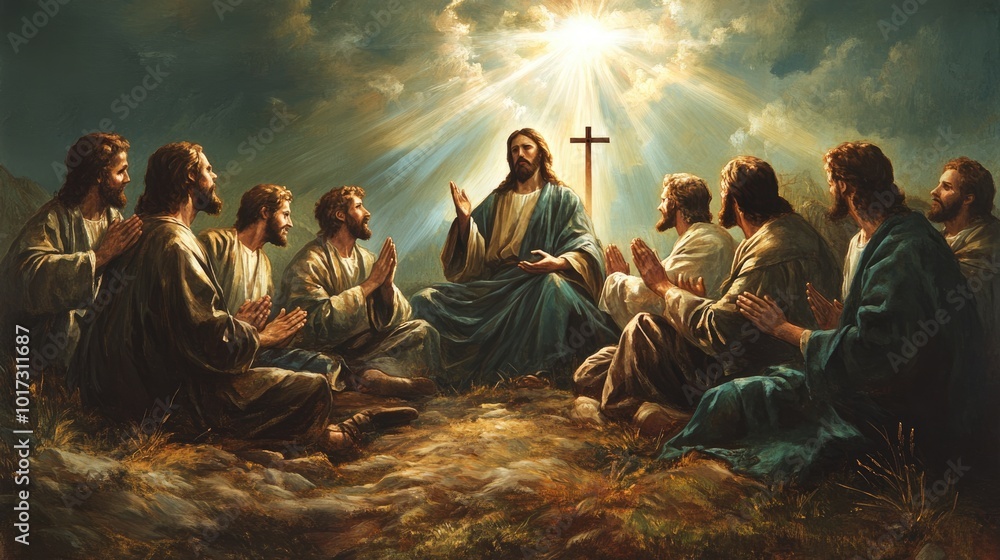 Jesus Christ and His disciples in prayer, bathed in light from heaven ...