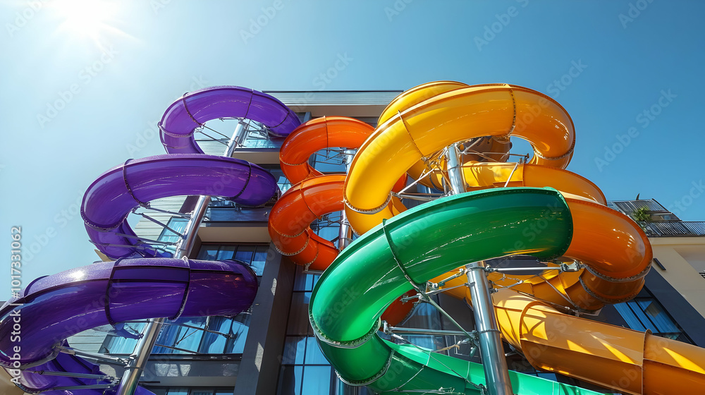 Colorful water slides attached to a modern building under a clear sky ...