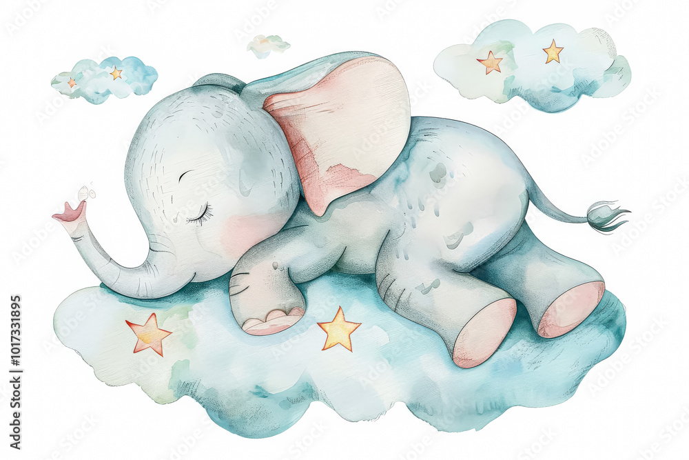 Cute elephant is sleeping on a cloud with stars in the sky Stock ...
