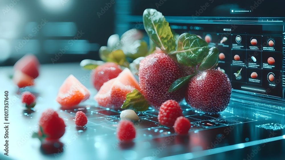 Futuristic holographic nutrition guide showcasing a digital glowing ...