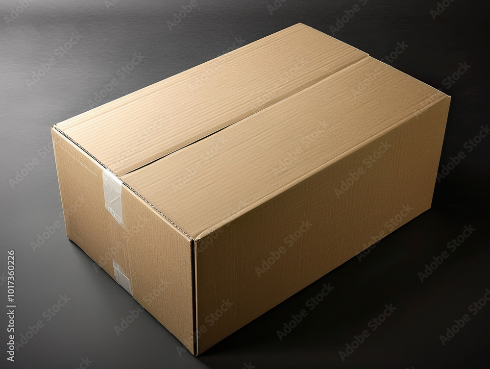 Medium cardboard box with visible folds and tape marks, angled on black ...