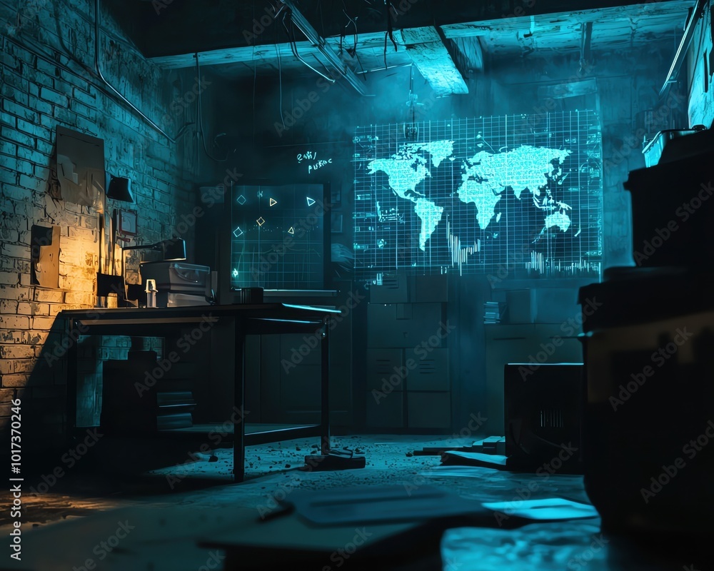 Crime scene in a dimly lit basement, forensic evidence scattered ...