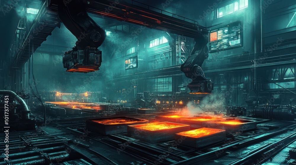 A futuristic foundry producing pig iron, with robotic arms handling the ...