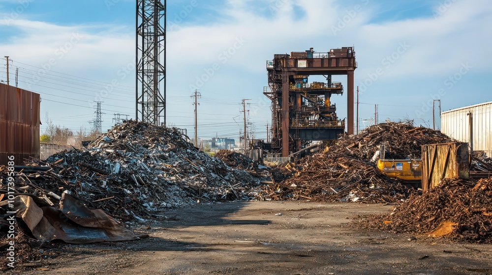 An outdoor recycling yard filled with scrap iron being prepared for ...