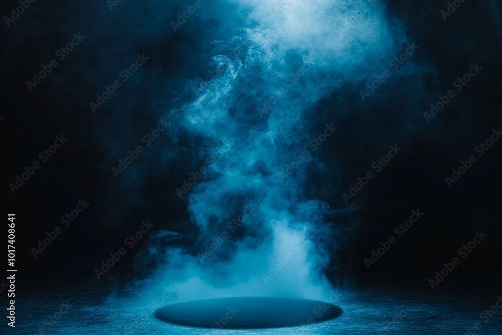 Blue smoke rising from a dark background with a spotlight casting a ...