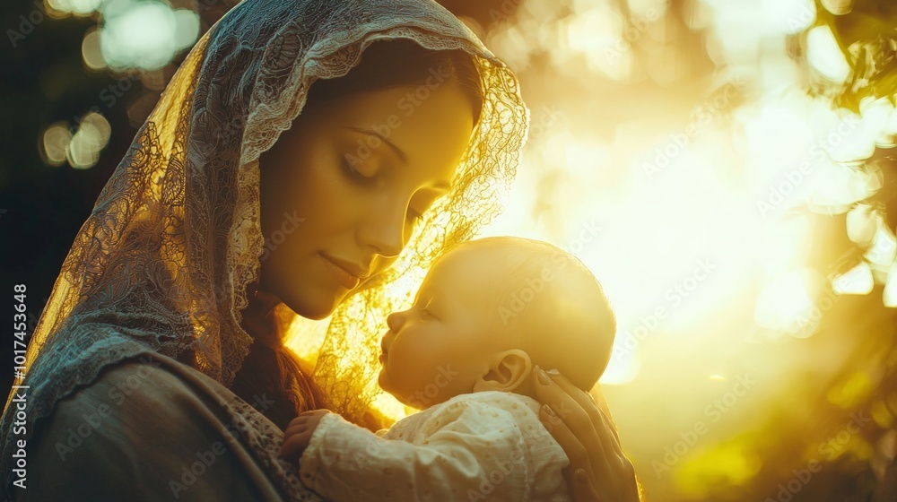 radiant virgin mary holding baby jesus - religious family portrait ...