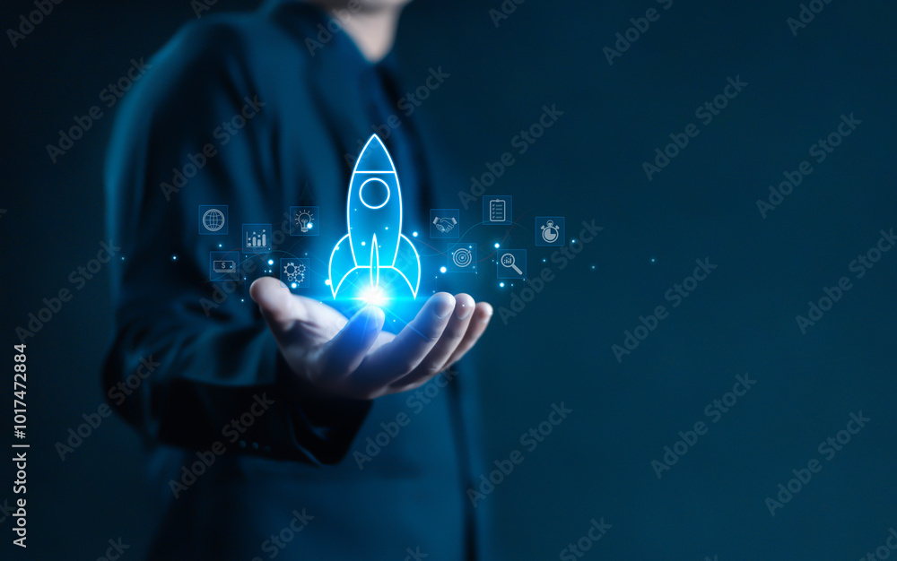 Startup with rocket takeoff and networking, Digital technology business project development ...