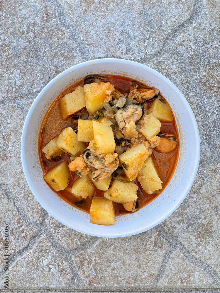 brodet, Fish stew made with seafood and potatoes, traditional Croatian ...