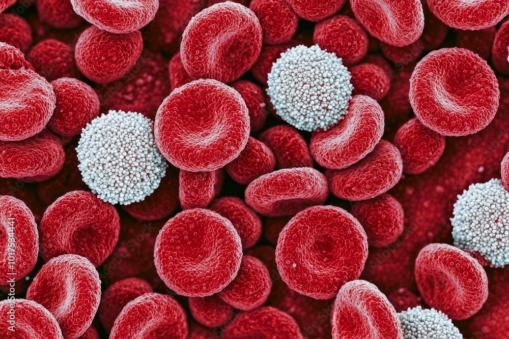 Microscopic view of red blood cells and white blood cells on a stained ...