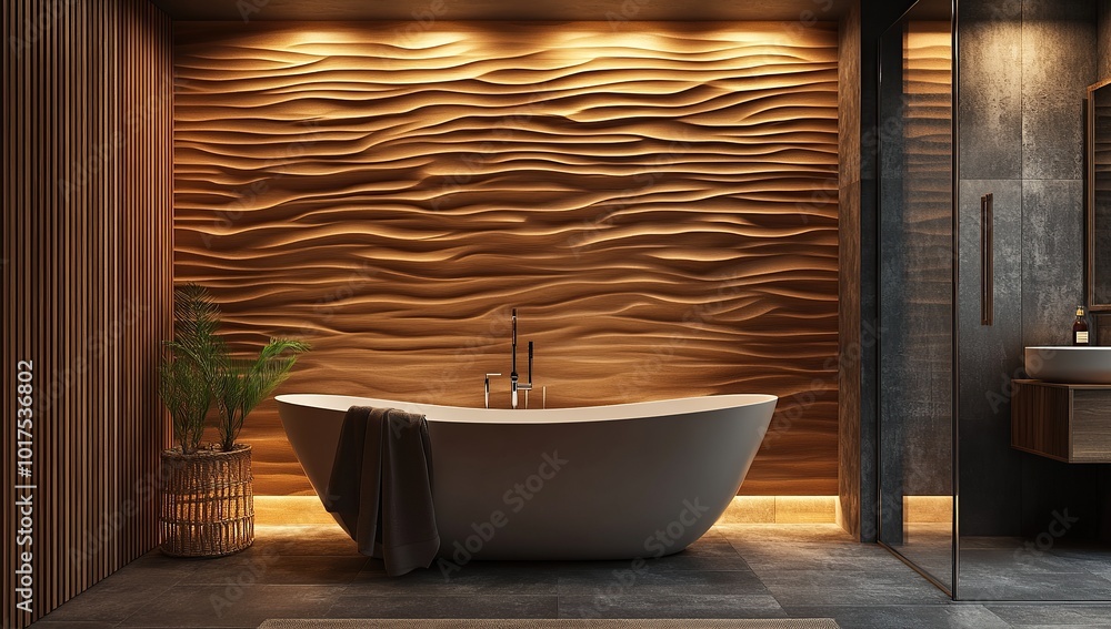 wall panels with a wavy wood texture and warm lighting in a bathroom ...