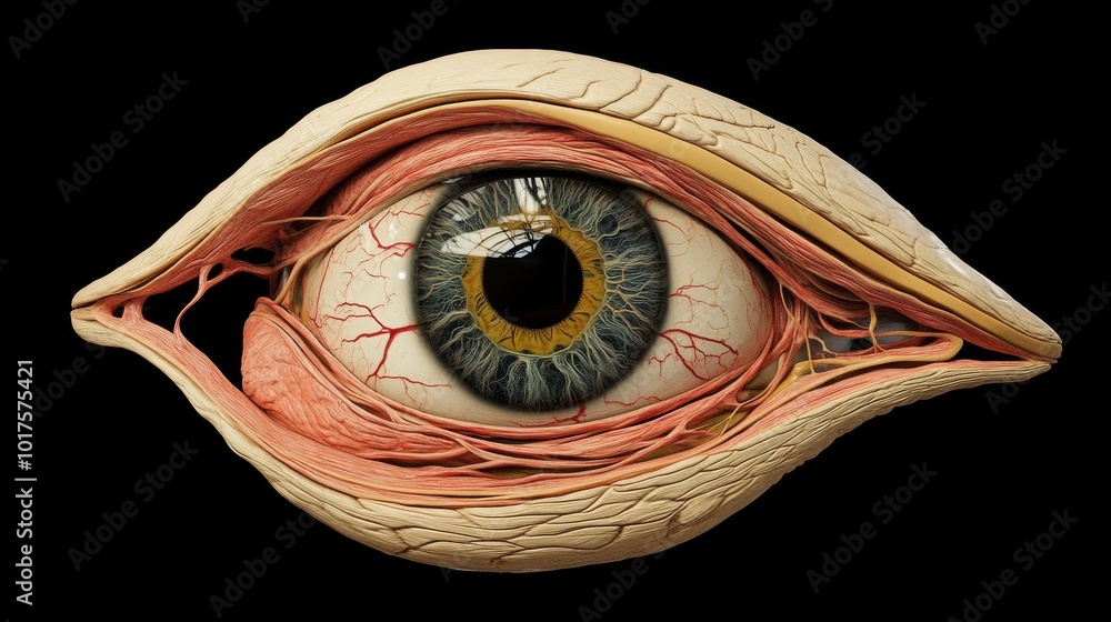 Eye anatomy shown in a detailed 3D medical illustration of the internal ...