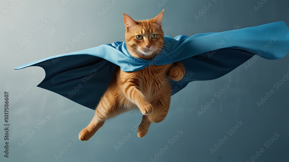 heroic orange tabby cat in midleap flowing blue cape and mask light ...