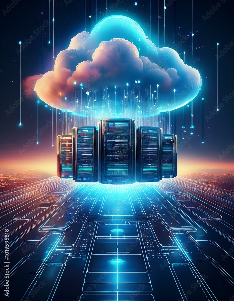 Nube informática (Cloud Computing): Un grupo de servidores futuristas representando la ...