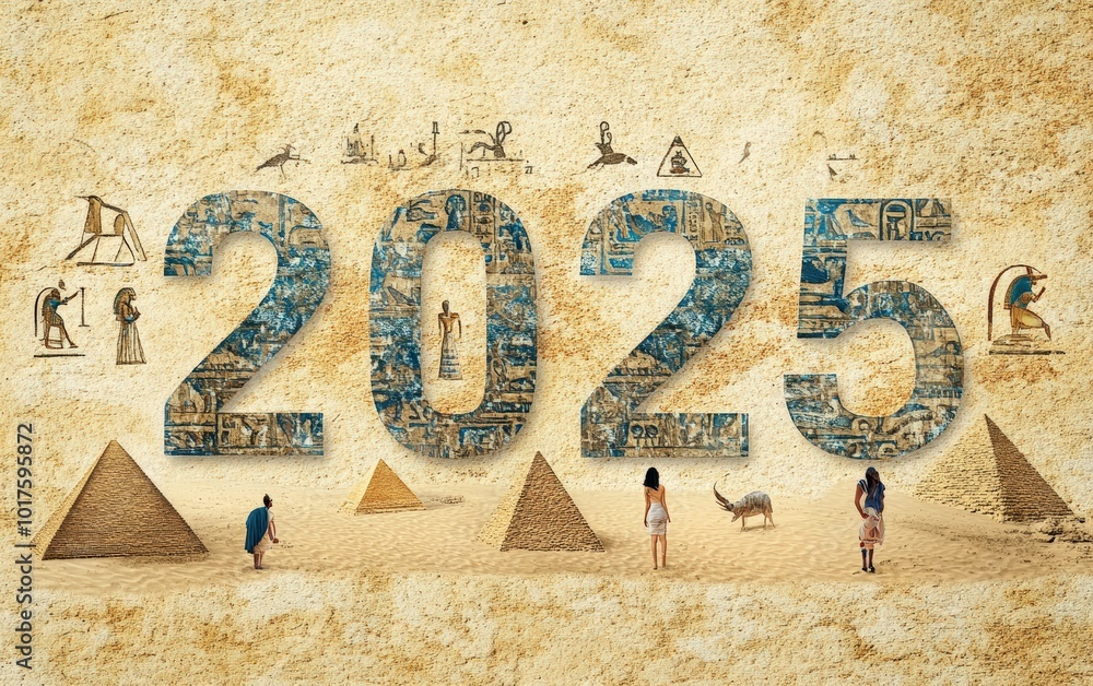 The numbers "2025" designed with pyramids, pharaohs, and hieroglyphics ...