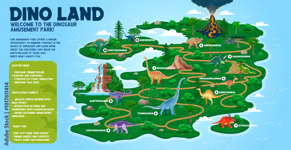 Dino park map with prehistoric dinosaur animals of Jurassic era, vector ...