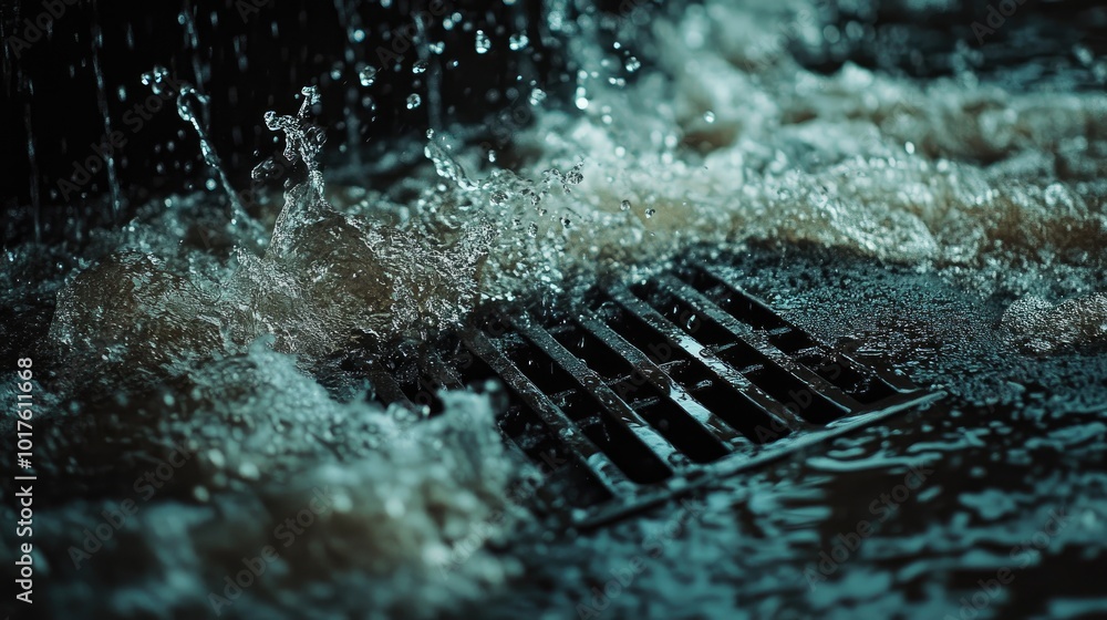 Rushing water flows rapidly into a storm drain grate, with splashes and ...
